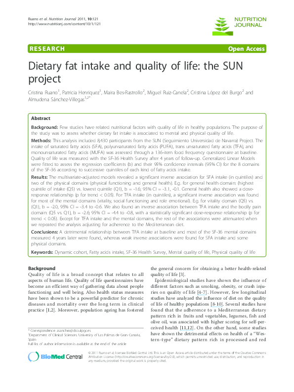 (PDF) Dietary fat intake and quality of life: the SUN project