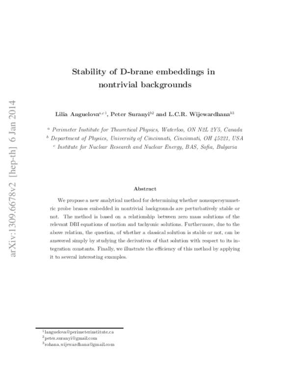 (PDF) Stability of D-brane embeddings in nontrivial backgrounds