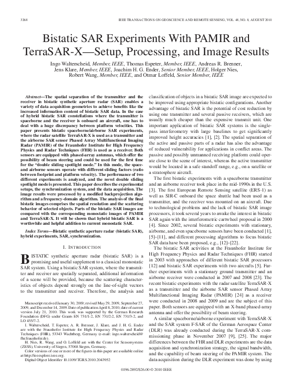 (PDF) Bistatic SAR Experiments With PAMIR and TerraSAR-X—Setup, Processing, and Image Results