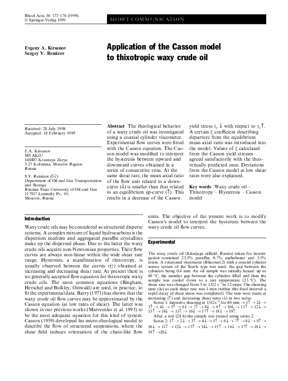 (PDF) Application of the Casson model to thixotropic waxy crude oil