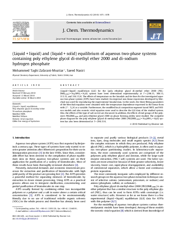 (PDF) Liquid + liquid) and (liquid + solid) equilibrium of aqueous two-phase systems containing ...