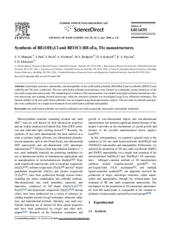 (PDF) Synthesis of RE(OH)2Cl and REOCl (RE=Eu, Tb) nanostructures