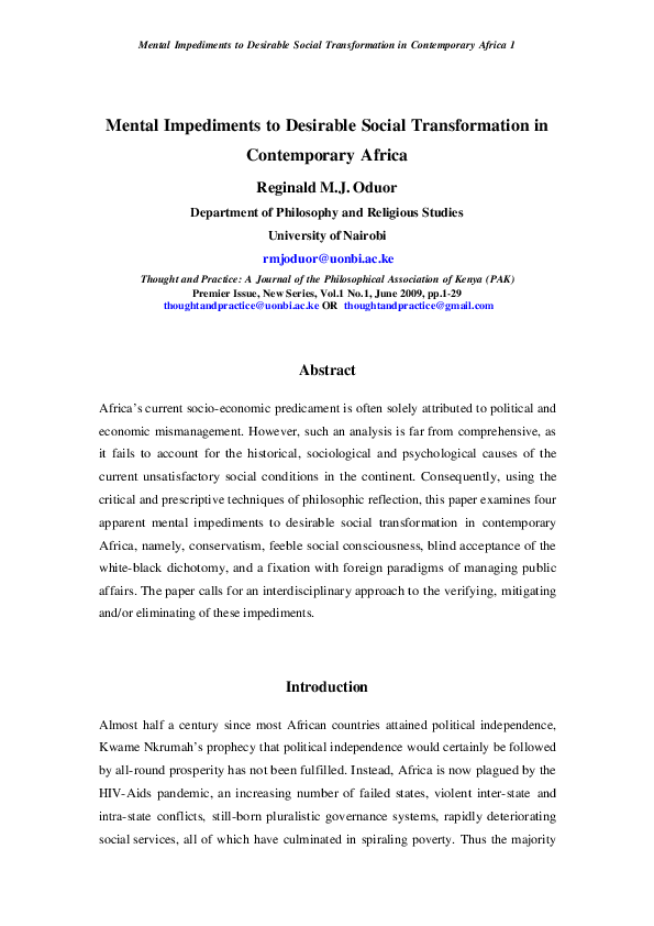 (PDF) Mental Impediments to Desirable Social Transformation in ...