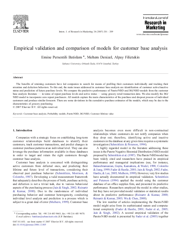 (PDF) Empirical validation and comparison of models for customer base analysis