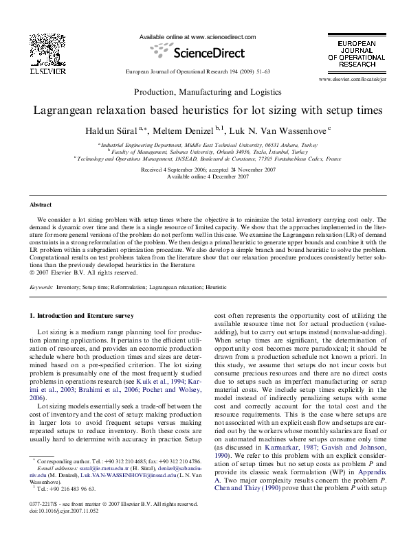 Pdf Lagrangean Relaxation Based Heuristics For Lot Sizing With Setup Times Meltem Denizel