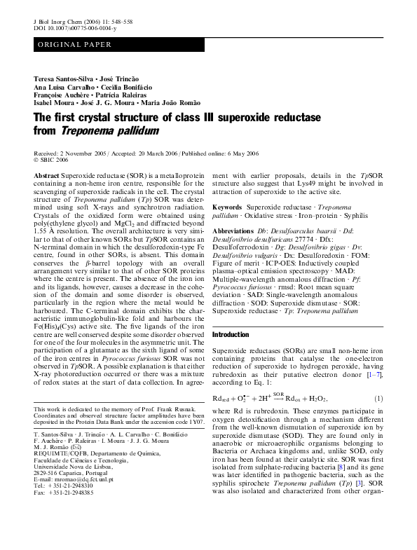 (PDF) The first crystal structure of class III superoxide reductase ...