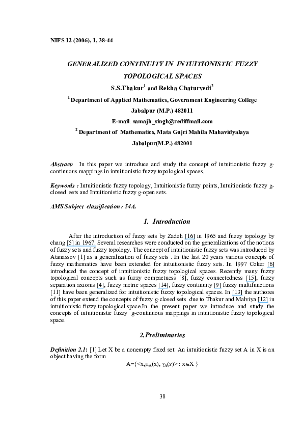 (PDF) Generalized Continuity in Intuitionistic Fuzzy Topological Spaces