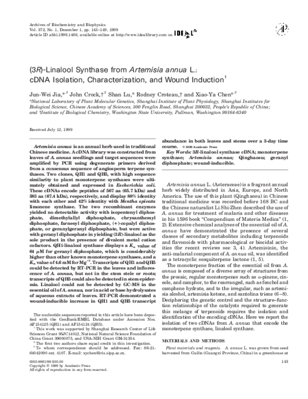 (PDF) (3R)-Linalool Synthase from Artemisia annua L.: cDNA Isolation, Characterization, and ...