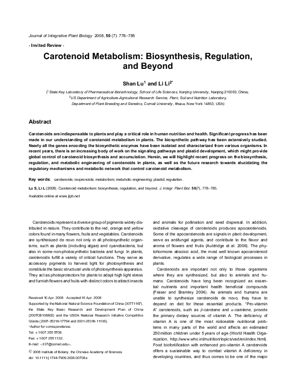 (PDF) Carotenoid Metabolism: Biosynthesis, Regulation, and Beyond