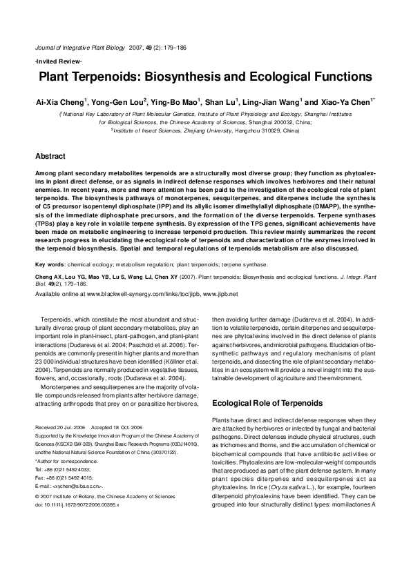Pdf Plant Terpenoids Biosynthesis And Ecological Functions