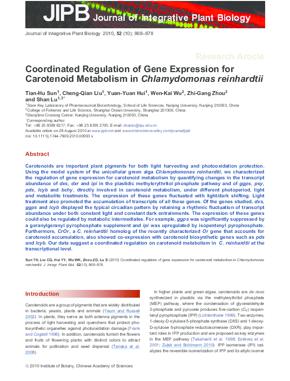 (PDF) Coordinated Regulation of Gene Expression for Carotenoid Metabolism in Chlamydomonas ...
