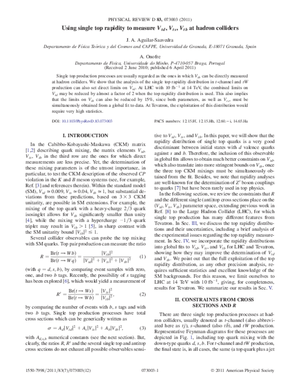 (PDF) Using single top rapidity to measure Vtd, Vts, Vtb at hadron ...