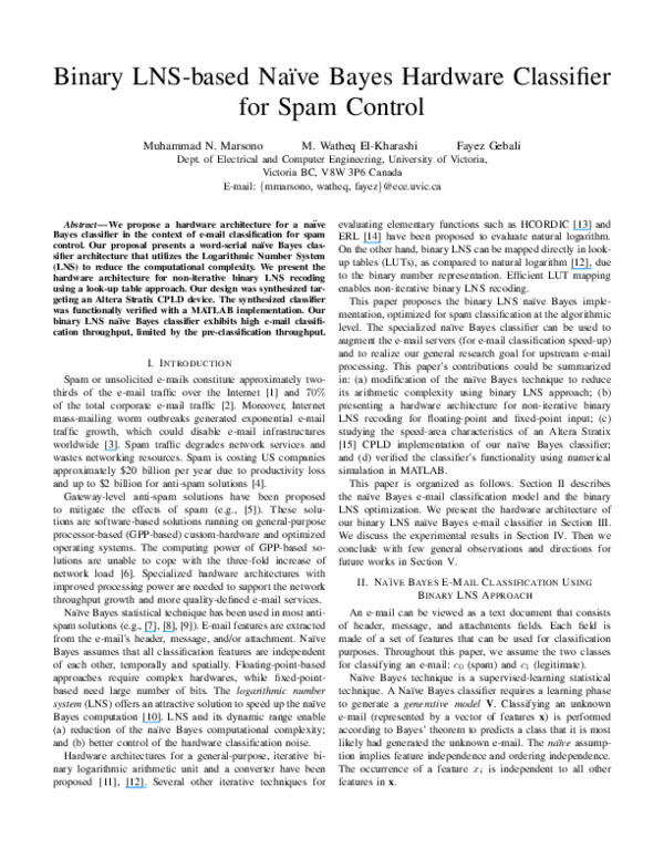 Pdf Binary Lns Based Naïve Bayes Hardware Classifier For Spam Control Fayez Gebali