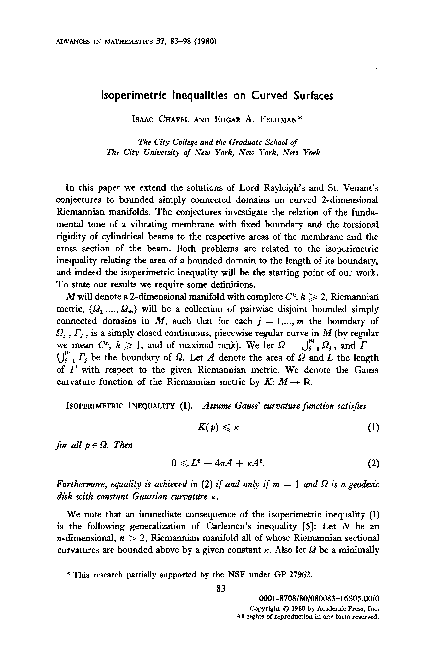 (PDF) Isoperimetric inequalities on curved surfaces | isaac chavel ...