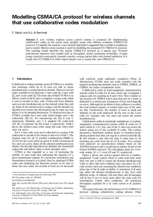 (PDF) Modelling CSMA∕CA protocol for wireless channels that use collaborative codes modulation
