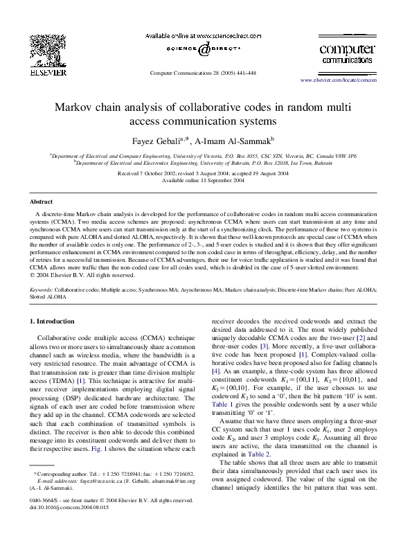 (PDF) Markov chain analysis of collaborative codes in random multi access communication systems