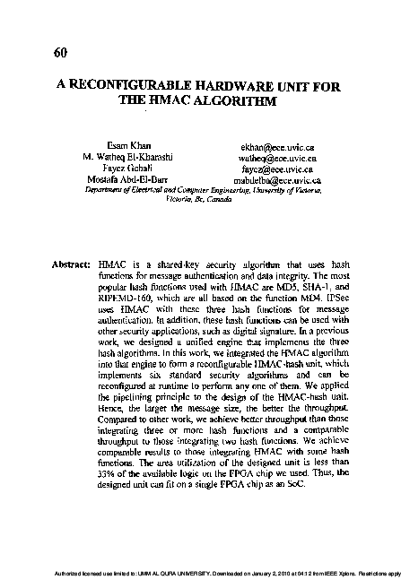 (PDF) A Reconfigurable Hardware Unit for the HMAC Algorithm