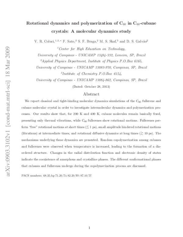(PDF) Rotational dynamics and polymerization of C60 in C60-cubane ...