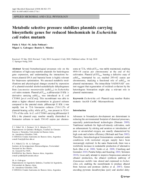 (PDF) Metabolic selective pressure stabilizes plasmids carrying ...