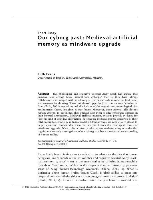 (PDF) Our cyborg past : Medieval ar tificial memory as mindware upgrade