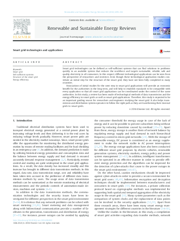 Pdf Smart Grid Technologies And Applications