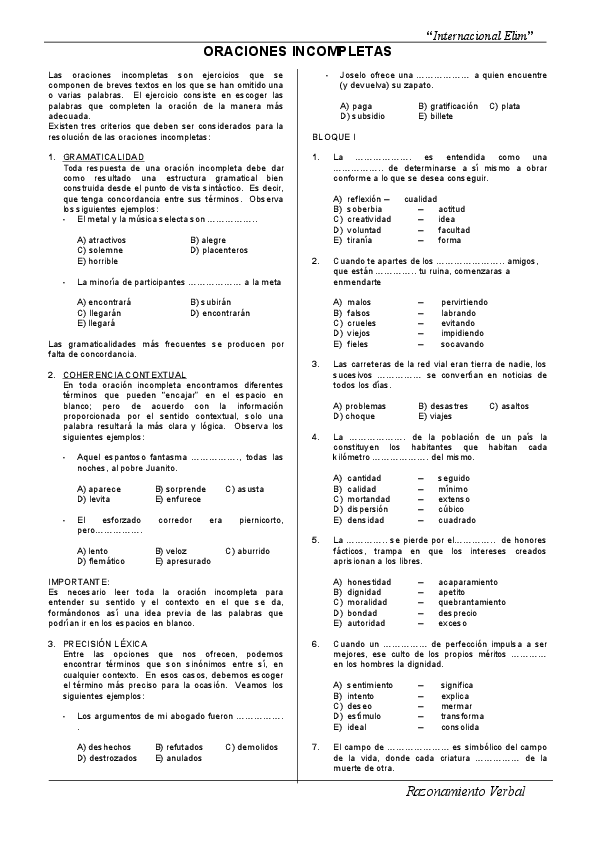 Hojas De Trabajo Con Oraciones Completas E Incompletas