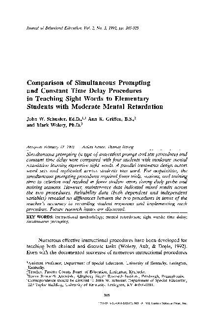 Pdf Comparison Of Simultaneous Prompting And Constant Time Delay Procedures In Teaching Sight