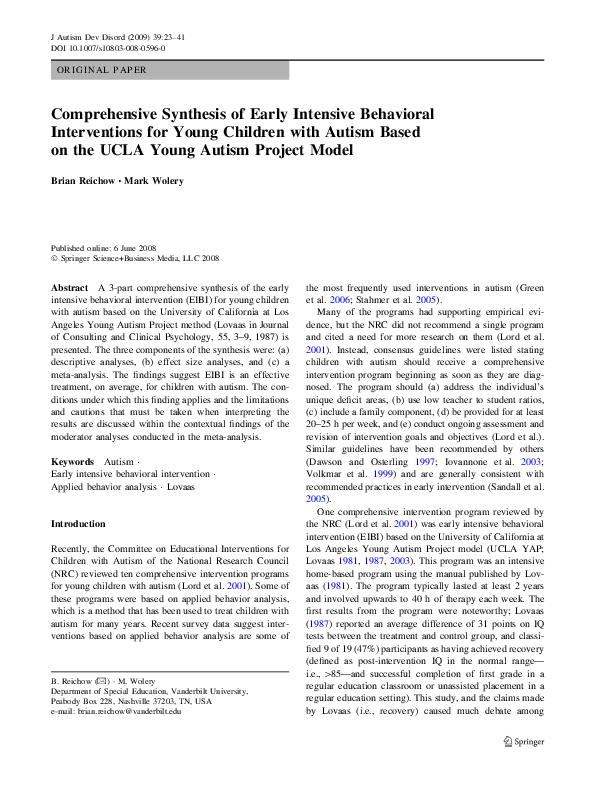 (PDF) Comprehensive Synthesis of Early Intensive Behavioral ...