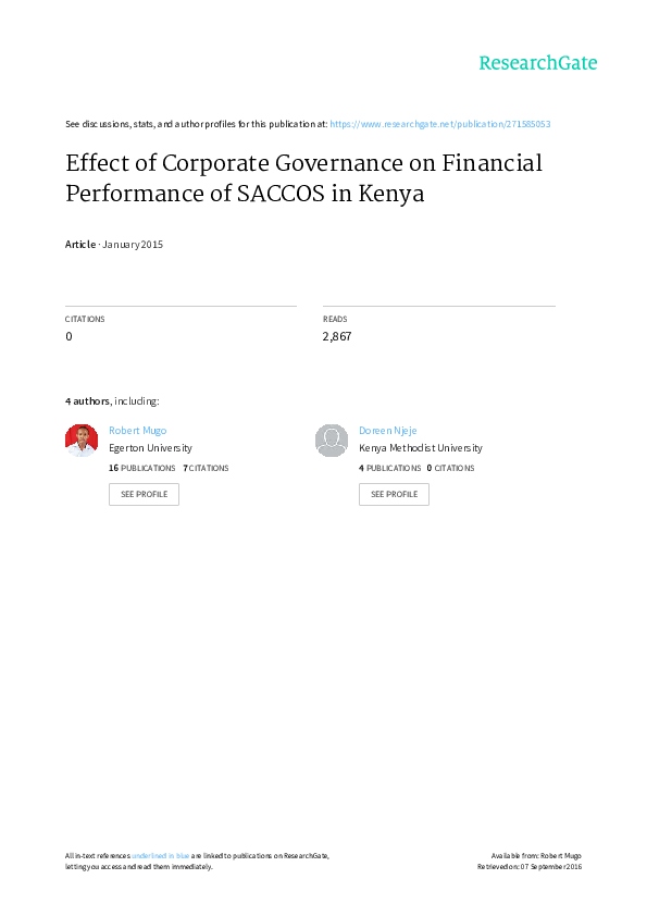 (PDF) Effect of Corporate Governance on Financial Performance of SACCOS in Kenya
