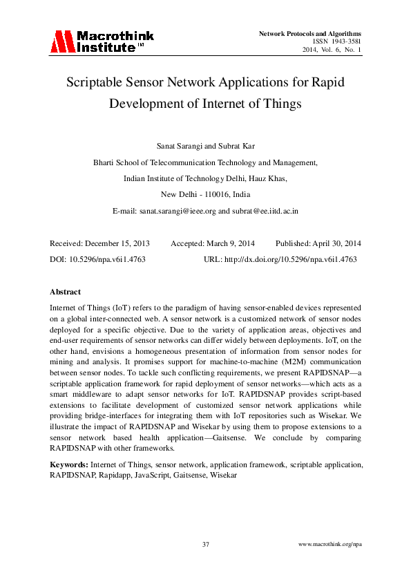 (PDF) Scriptable Sensor Network Applications for Rapid Development of Internet of Things