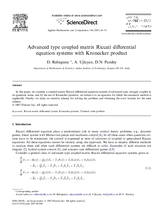 (PDF) Advanced type coupled matrix Riccati differential equation ...