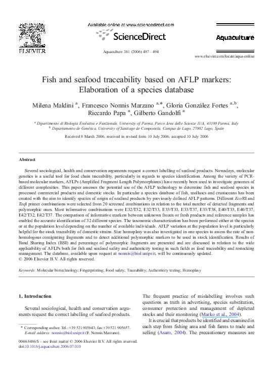 (PDF) Fish and seafood traceability based on AFLP markers: Elaboration ...