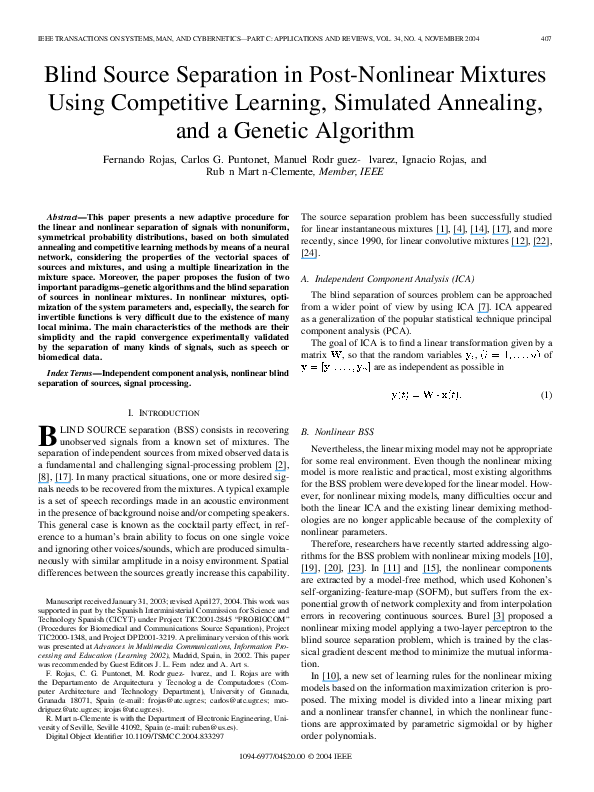 Pdf Blind Source Separation In Post Nonlinear Mixtures Using