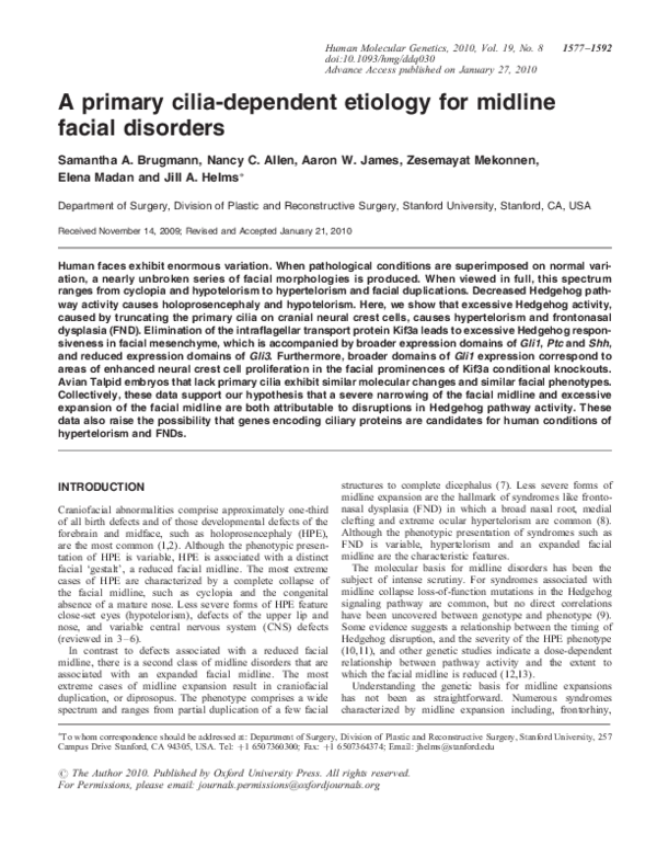 (PDF) A primary cilia-dependent etiology for midline facial disorders