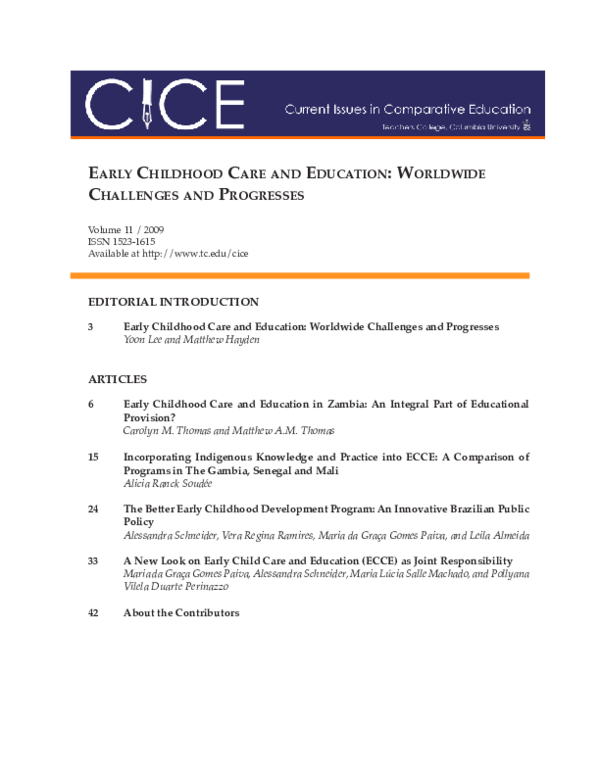 (PDF) Early Childhood Care and Education: Worldwide Challenges and ...
