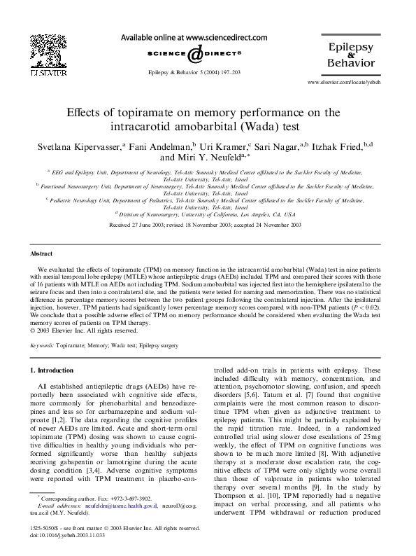 (PDF) Effects of topiramate on memory performance on the intracarotid ...