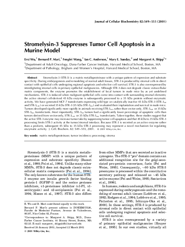 (PDF) Stromelysin-3 suppresses tumor cell apoptosis in a murine model