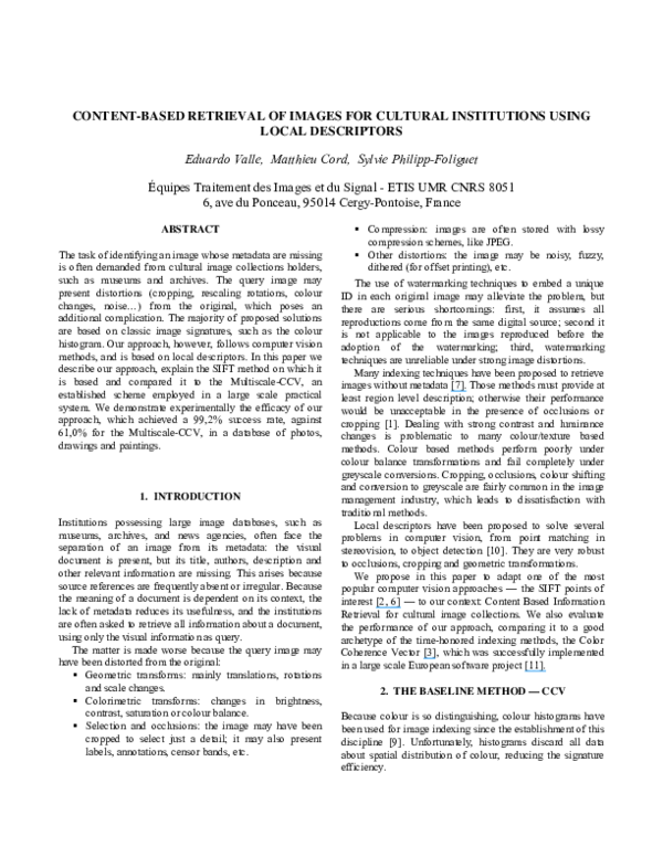 (PDF) Content-Based Retrieval of Images for Cultural Institutions Using Local Descriptors