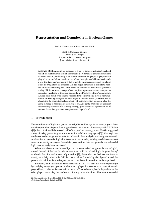 (PDF) Representation and Complexity in Boolean Games