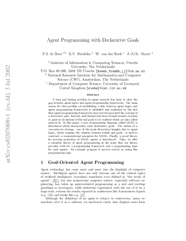 (PDF) Agent Programming with Declarative Goals