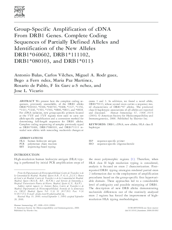(PDF) Group-Specific Amplification of cDNA From DRB1 Genes. Complete ...