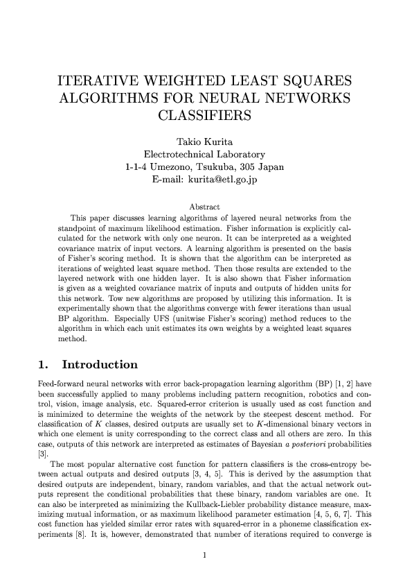 (PDF) Iterative weighted least squares algorithms for neural networks classifiers