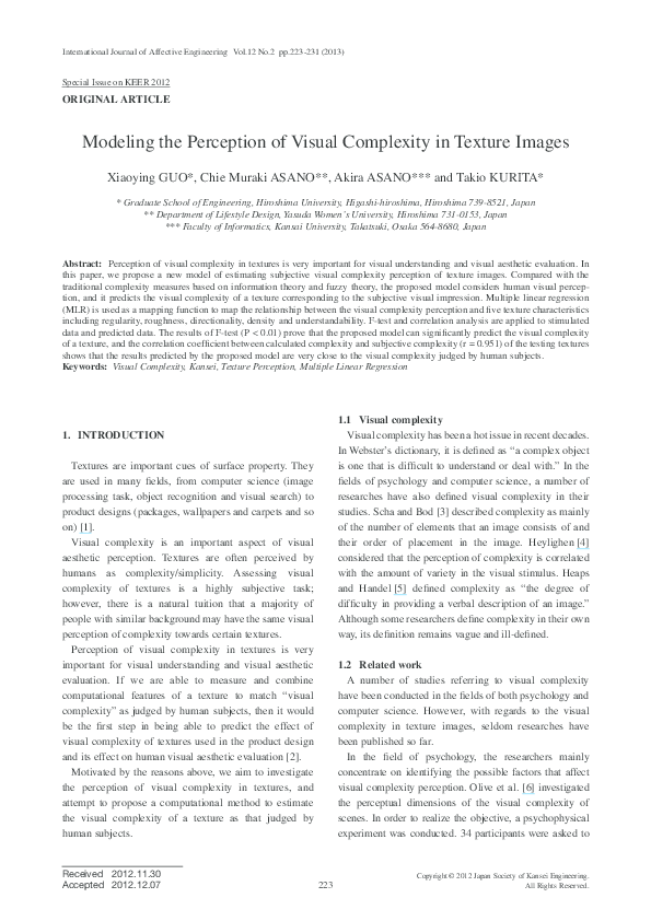 (PDF) Modeling the Perception of Visual Complexity in Texture Images