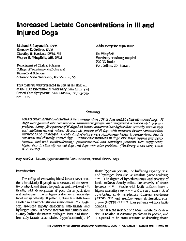 (PDF) Increased Lactate Concentrations in III and Injured Dogs