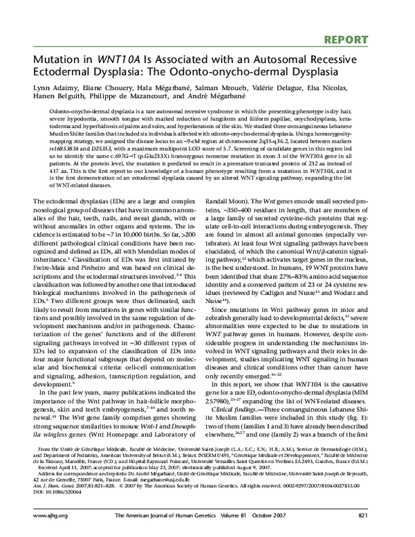 (PDF) Mutation in WNT10A Is Associated with an Autosomal Recessive ...