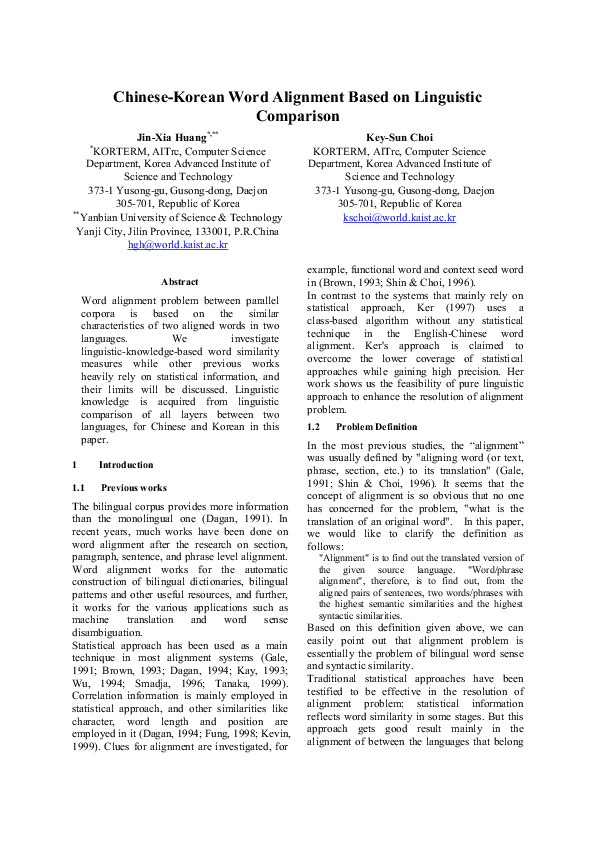 Pdf Chinese Korean Word Alignment Based On Linguistic Comparison