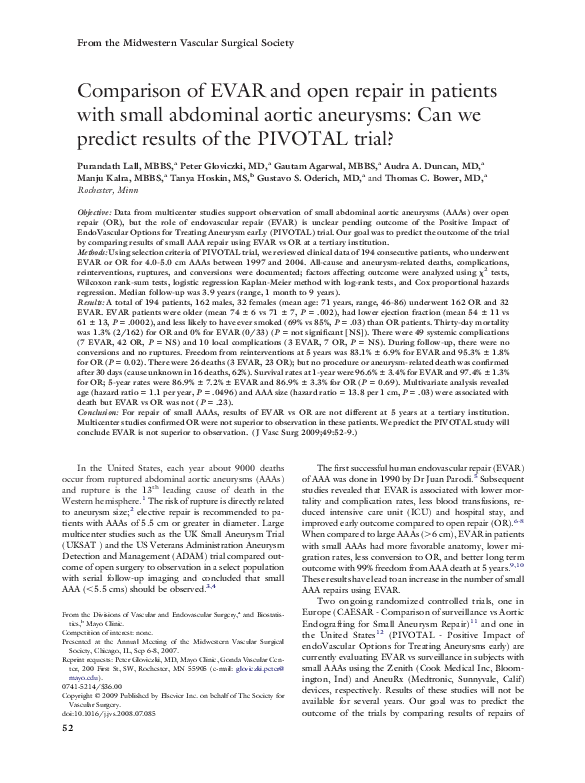 (PDF) Comparison of EVAR and open repair in patients with small ...
