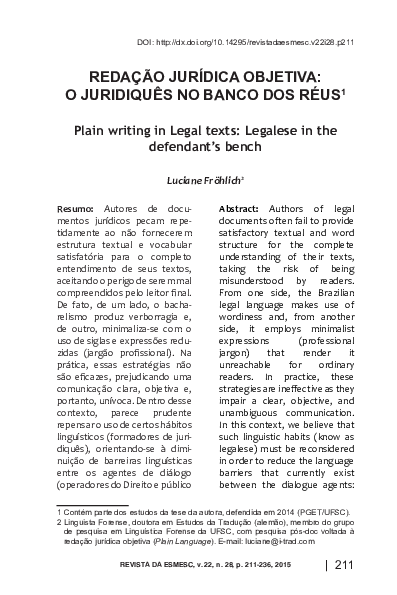 (PDF) Plain writing in Legal texts: Legalese in the defendant's bench