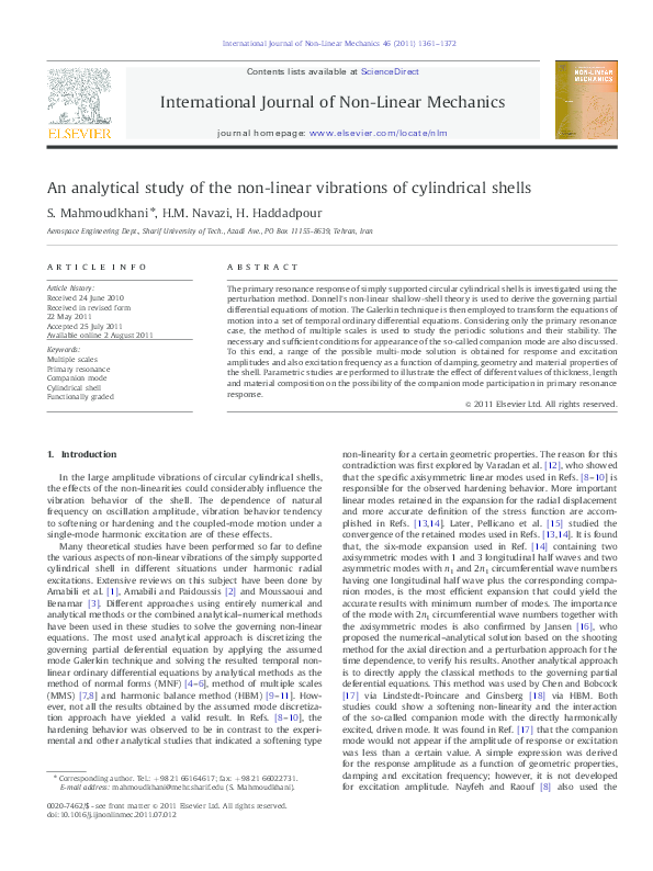 (PDF) An analytical study of the non-linear vibrations of cylindrical shells