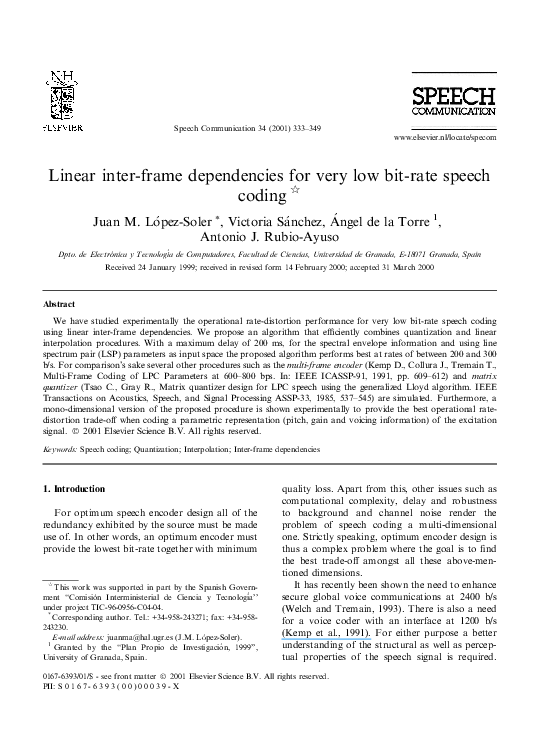 Pdf Linear Inter Frame Dependencies For Very Low Bit Rate Speech Coding